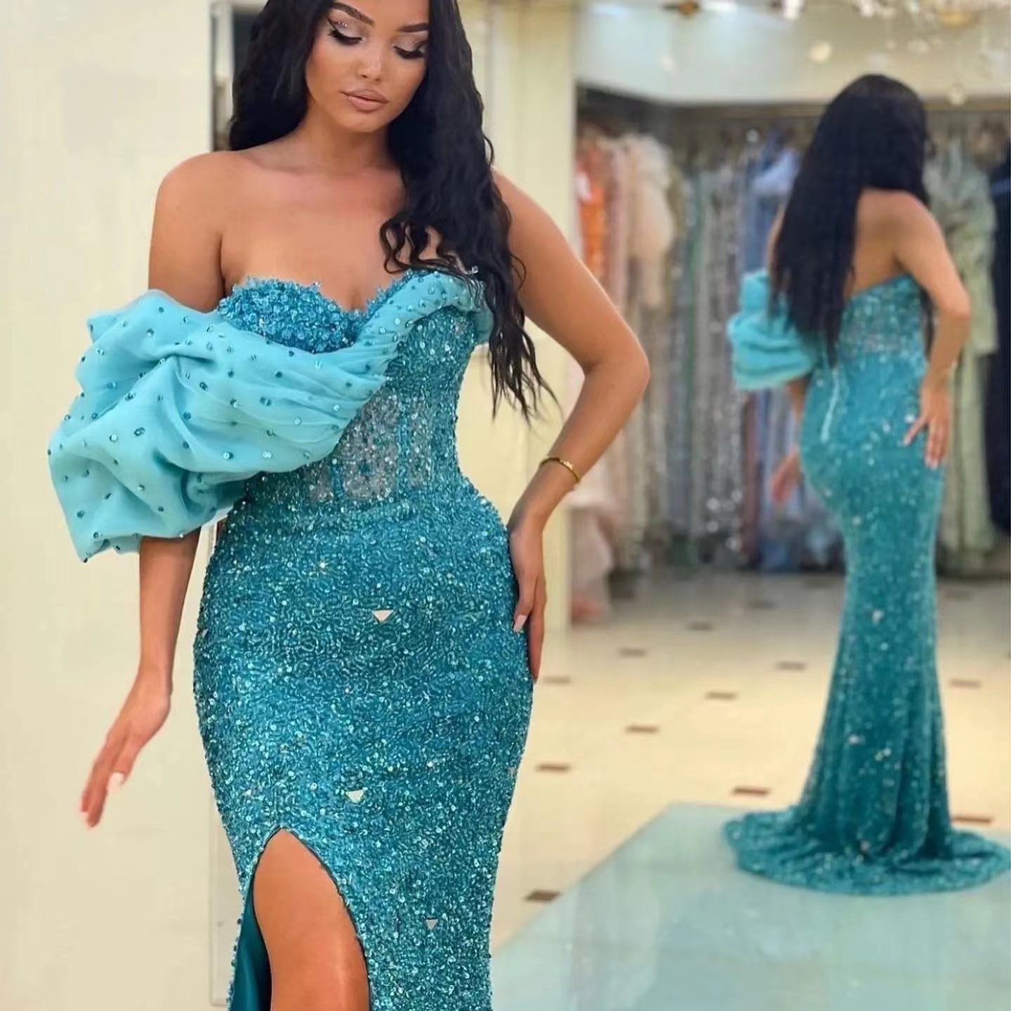 Daisda Amazing One Shoulder Sweetheart Mermaid Split Evening Dress With