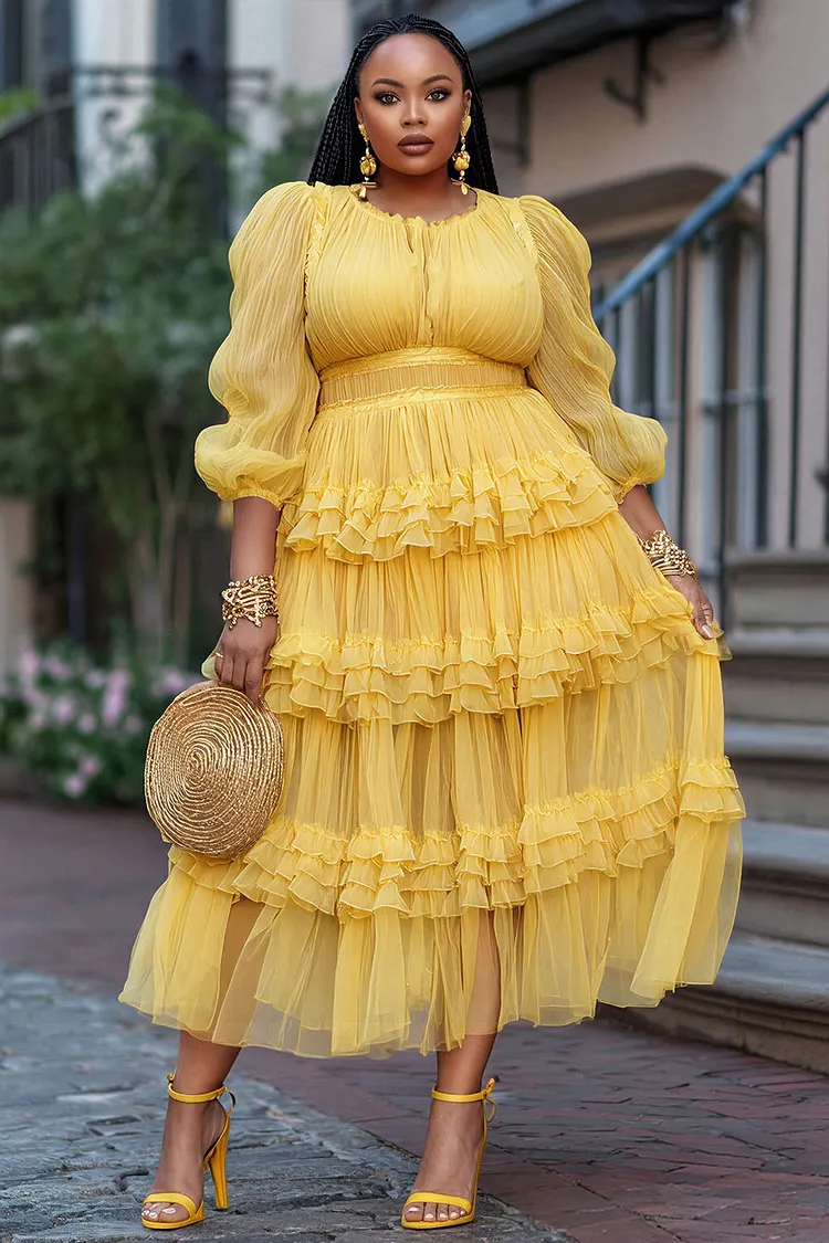 Xpluswear Design Plus Size Cocktail Party Yellow Round Neck Lantern ...