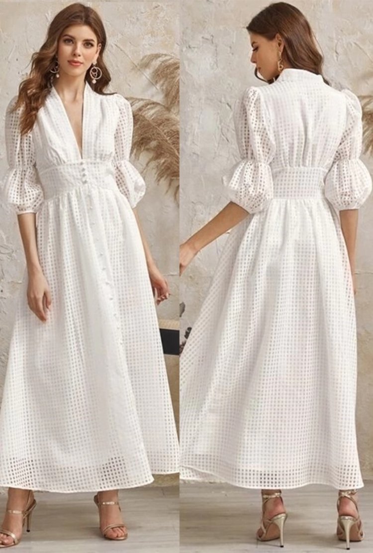 Spring White Deep V-neck Puff Half Sleeve Swing Long Dress