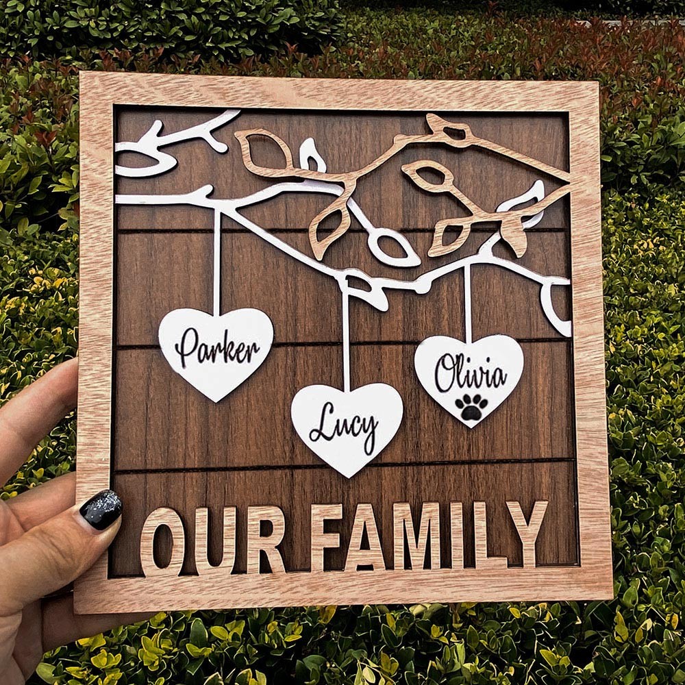 Personalized square Wooden Family Tree-Sign Engraved Names Frame
