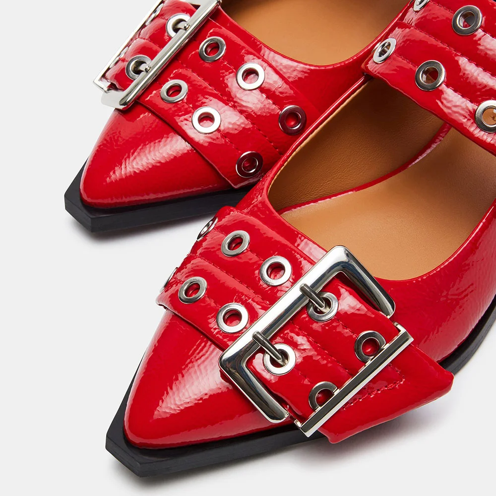 Red Patent Leather Pointed Toe Shoes Slingback Buckle Flats