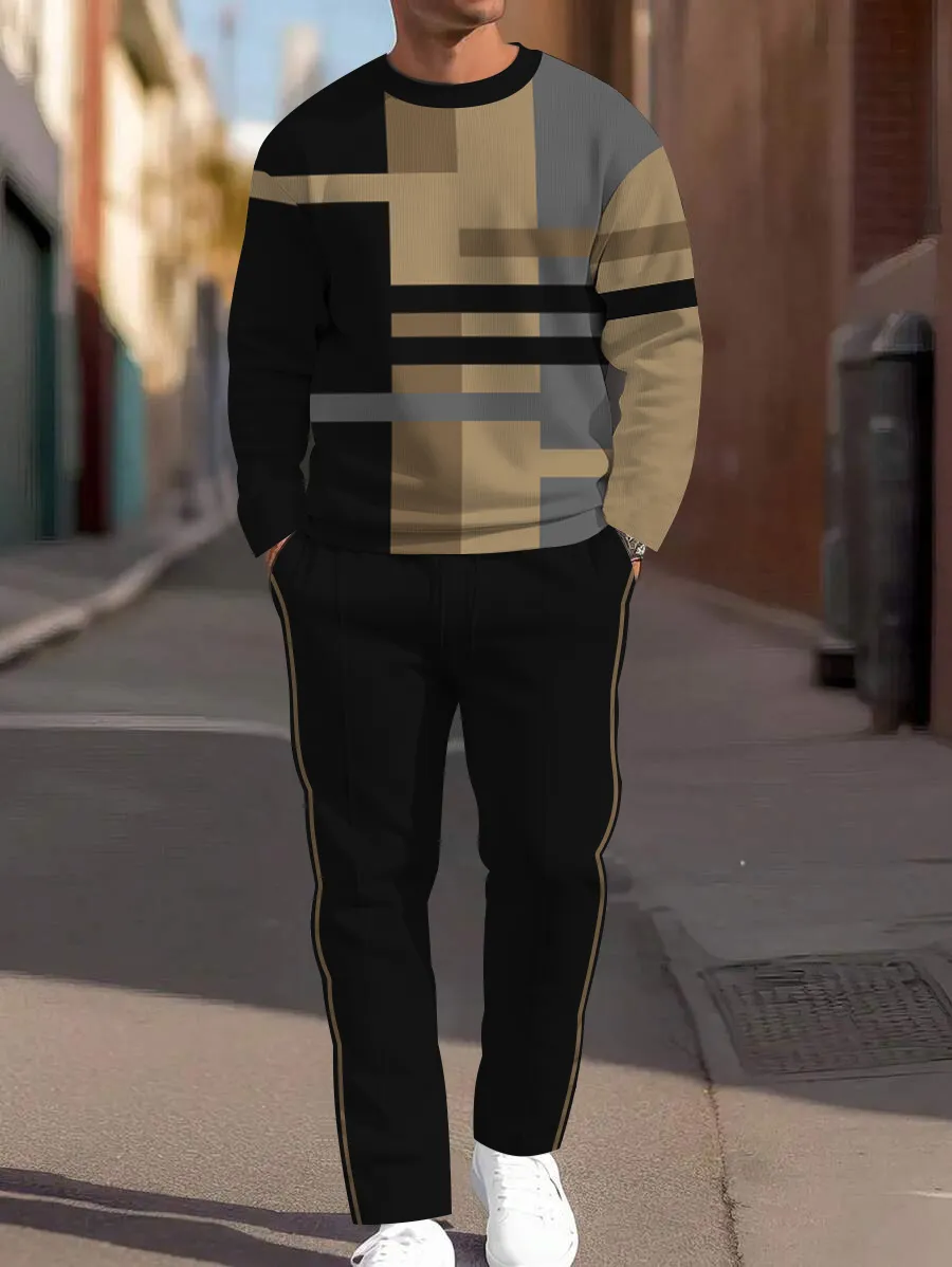 Men's Simple Colorblock Round Neck Casual Sports Set 0136