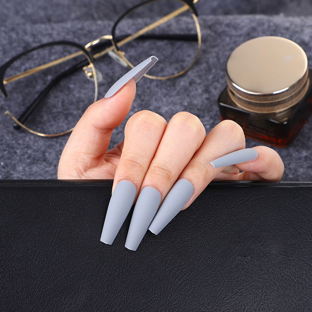 24pcs Professional Fake Nails Long Ballerina Half French Acrylic Nail ...