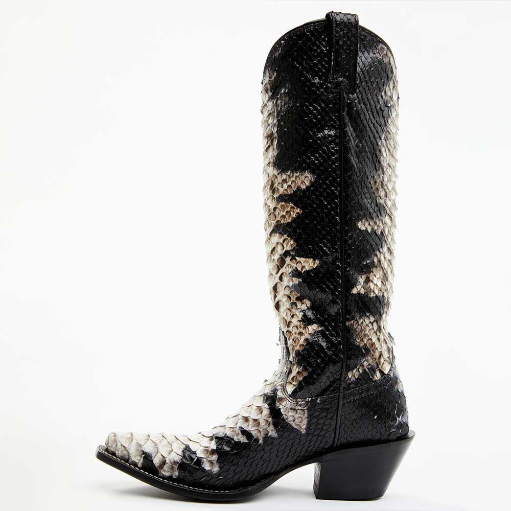Black Snip Toe Python Western Knee-High Boots with Chunky Heels