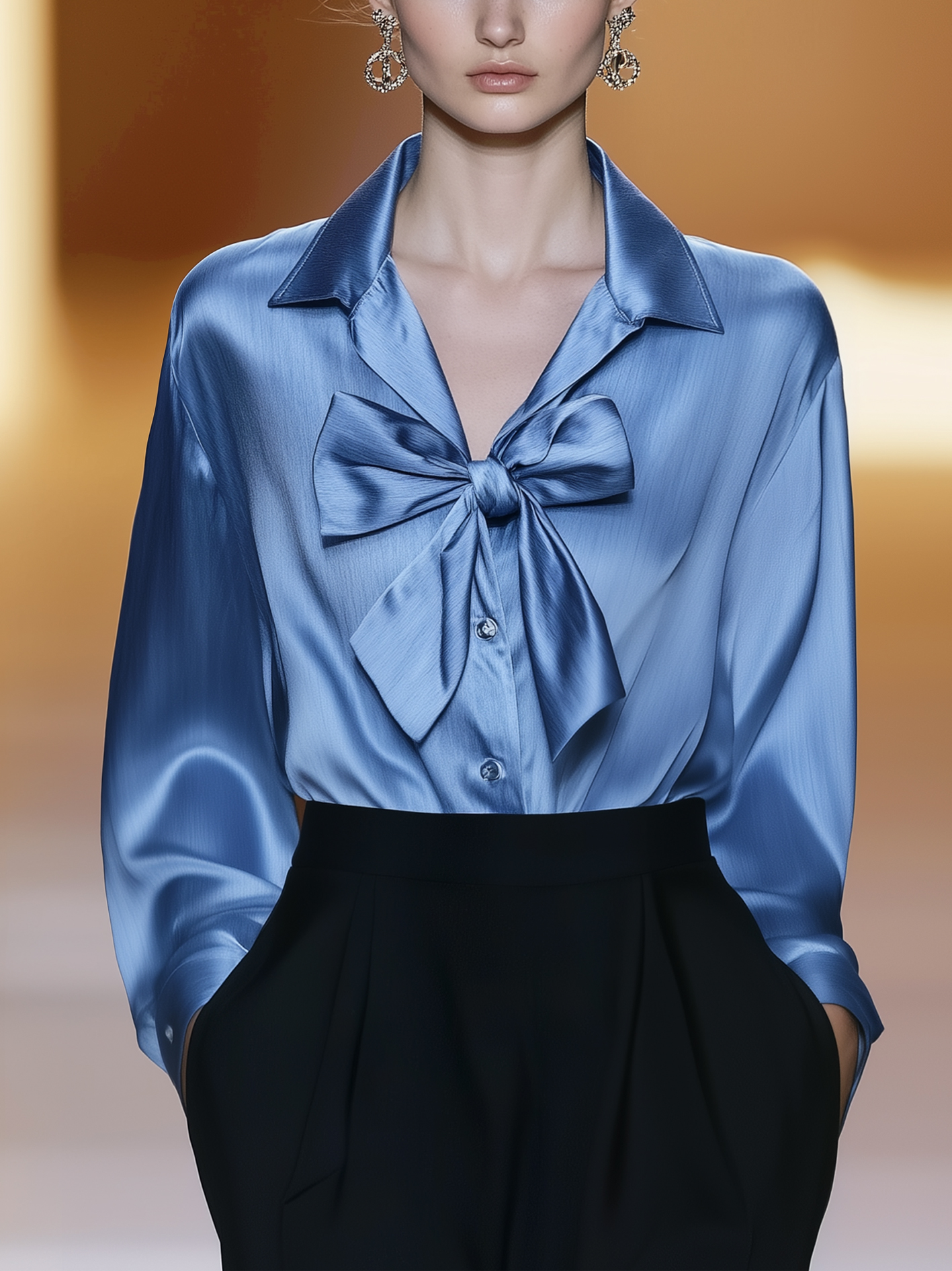 Elegant Bowknot Neckline Light Blue Satin Blouse