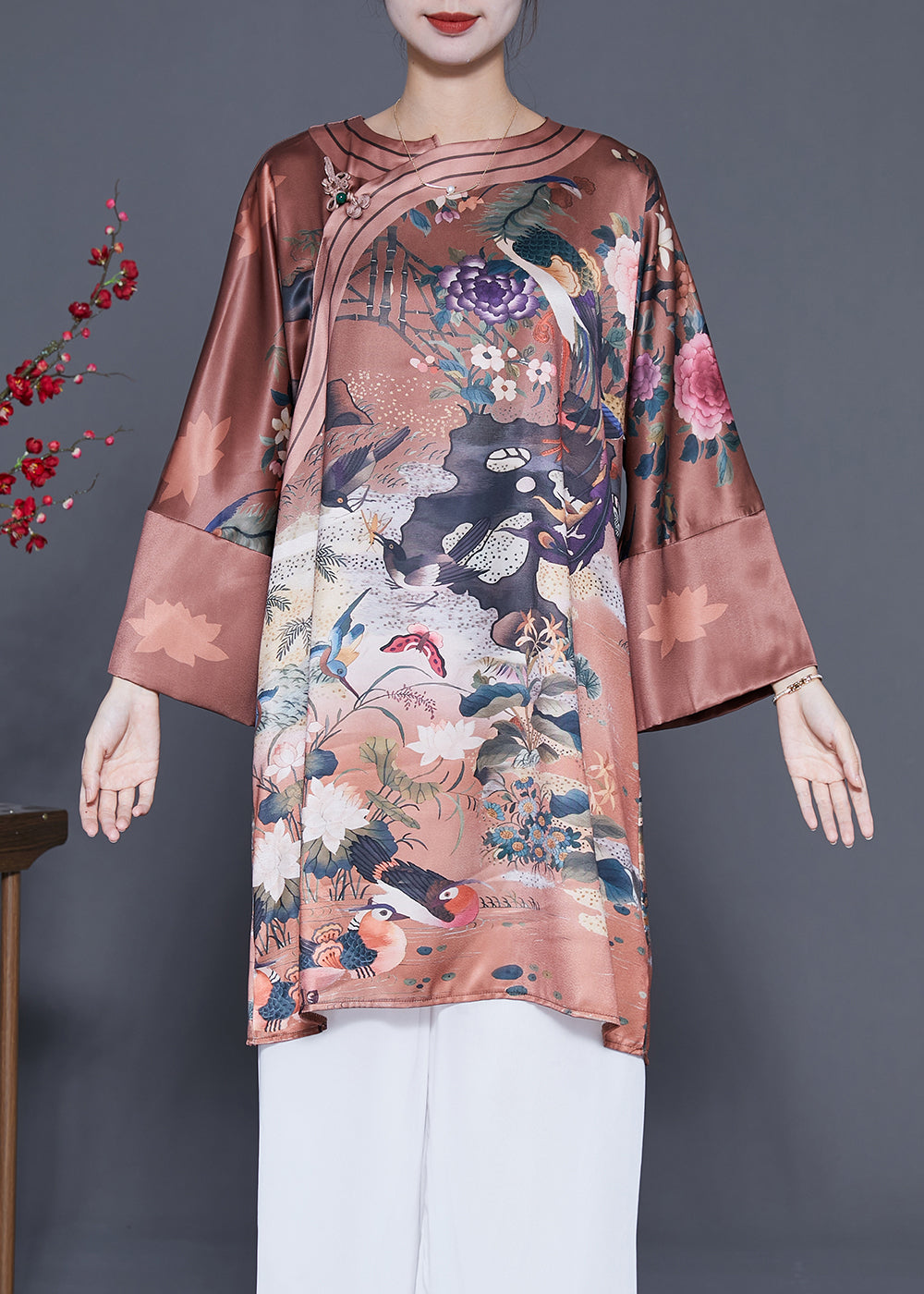 VCSHOES Chinese Coffee Chinese Button Print Silk Dress Spring