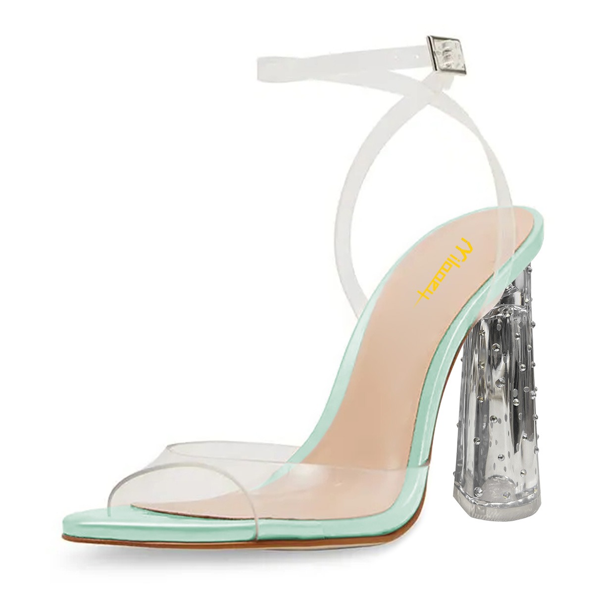 Mint Green Open Toe Transparent Ankle Strap Women's Heel Sandals