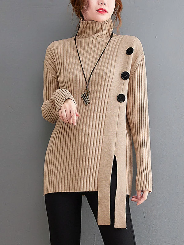 Urban Buttoned Split-Side Asymmetric Split-Joint High-Neck Sweater