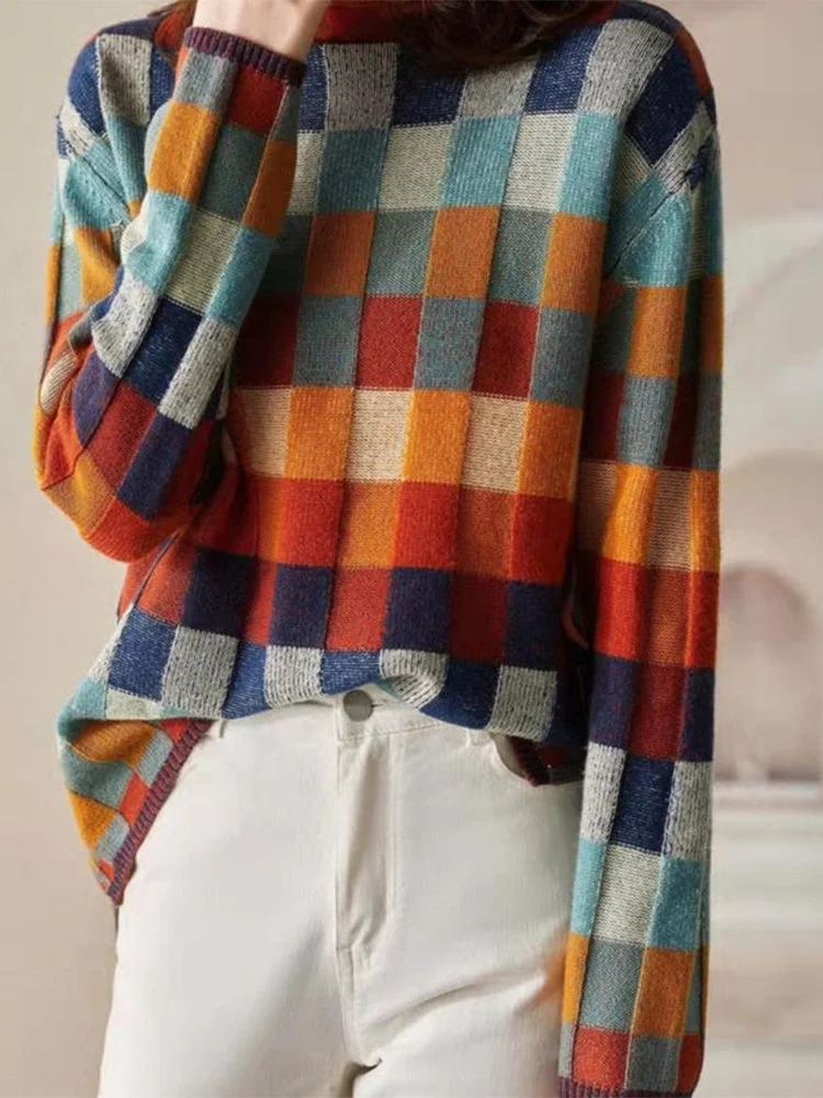 Autumn Checkerboard High Neck Sweater