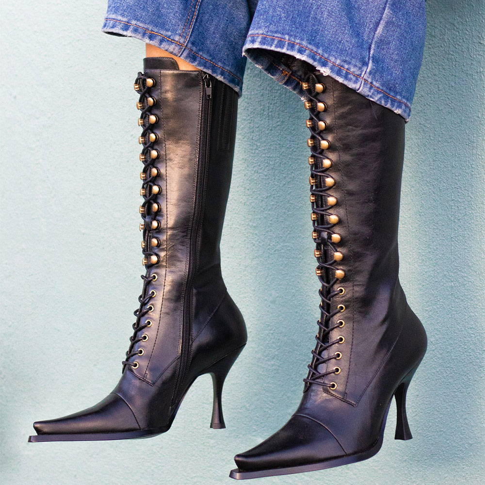 Black Pointed Toe Spool Heel Mid Calf Lace-Up Boots Women