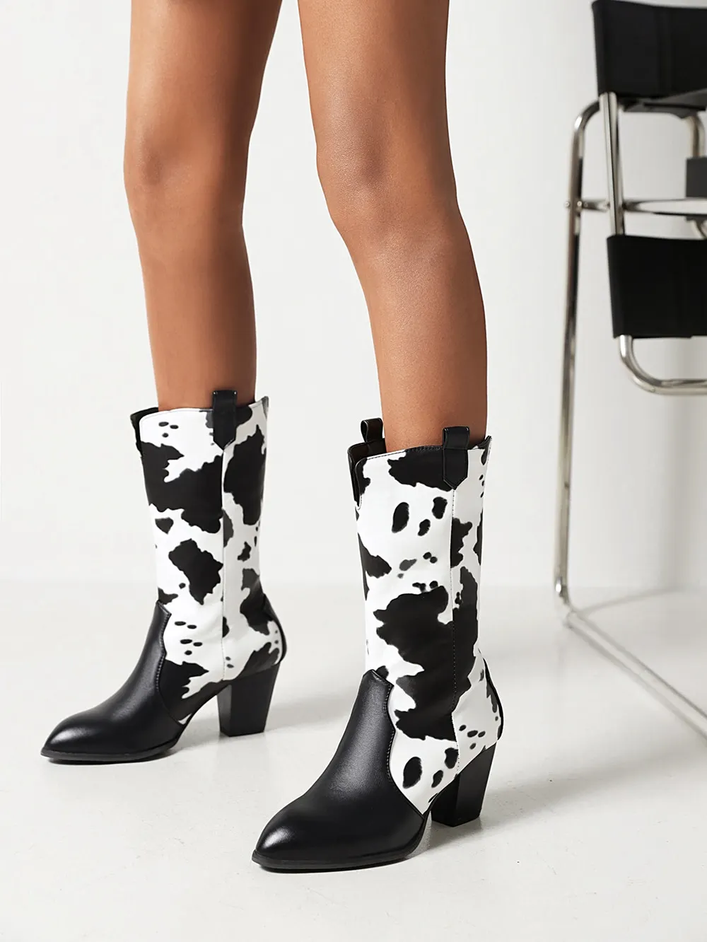 Wongn Cow Pattern Pointed Toe Thick Heel Mid-Pipe Boots Plush Lining ...