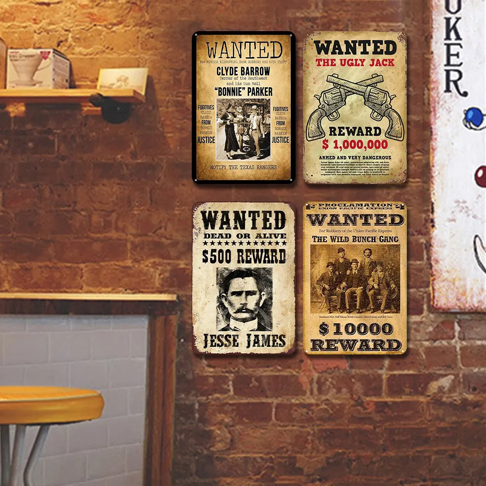 4PCS Wanted - Vintage Metal Signs Set - 20*30cm - Western&Movie&Warning