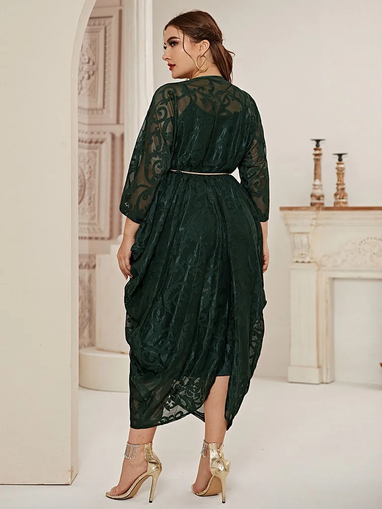 Uveng Womens Plus Size Midi Dresses 2022 Spring Green Belt Large