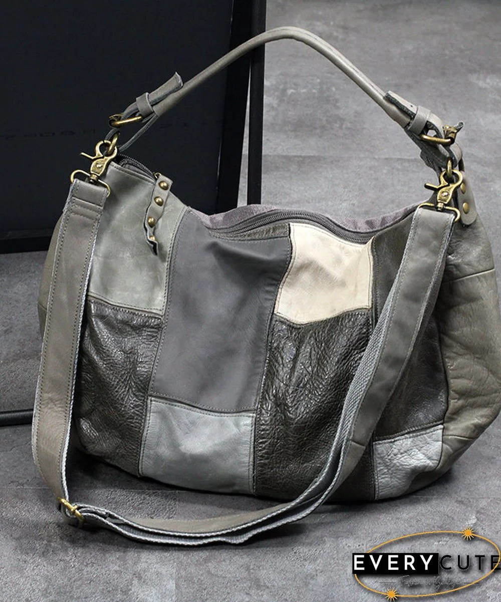 Retro Brown Asymmetrical Patchwork Denim Calf Leather Messenger Bag