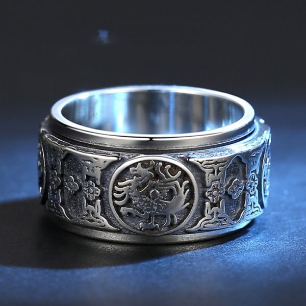 Sterling Silver Confidence Four Divine Dragons Fortune Ring