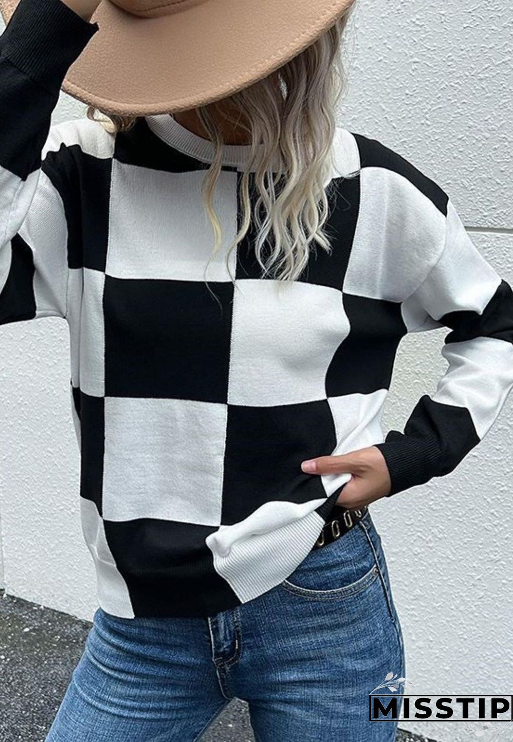Checker Pattern Drop Should Pullover Sweater - MissTip