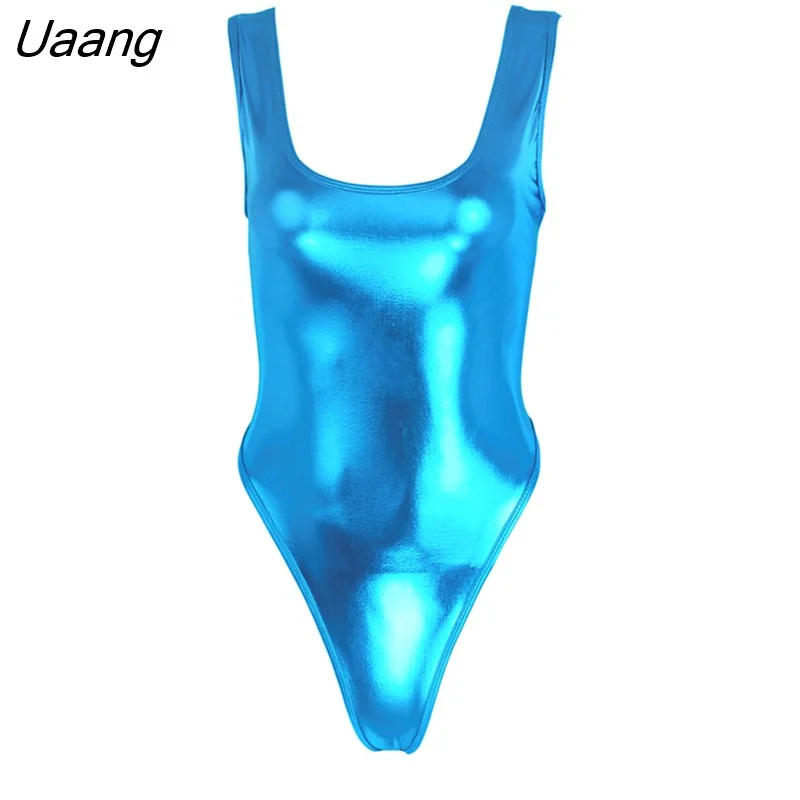 Uaang Women Patent Leather Thong Leotard Bodysuit Shiny Metallic High ...