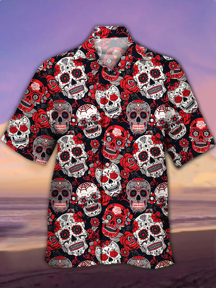 Men's Horror Skull Pattern Cuban Collar Short Sleeve Shirt