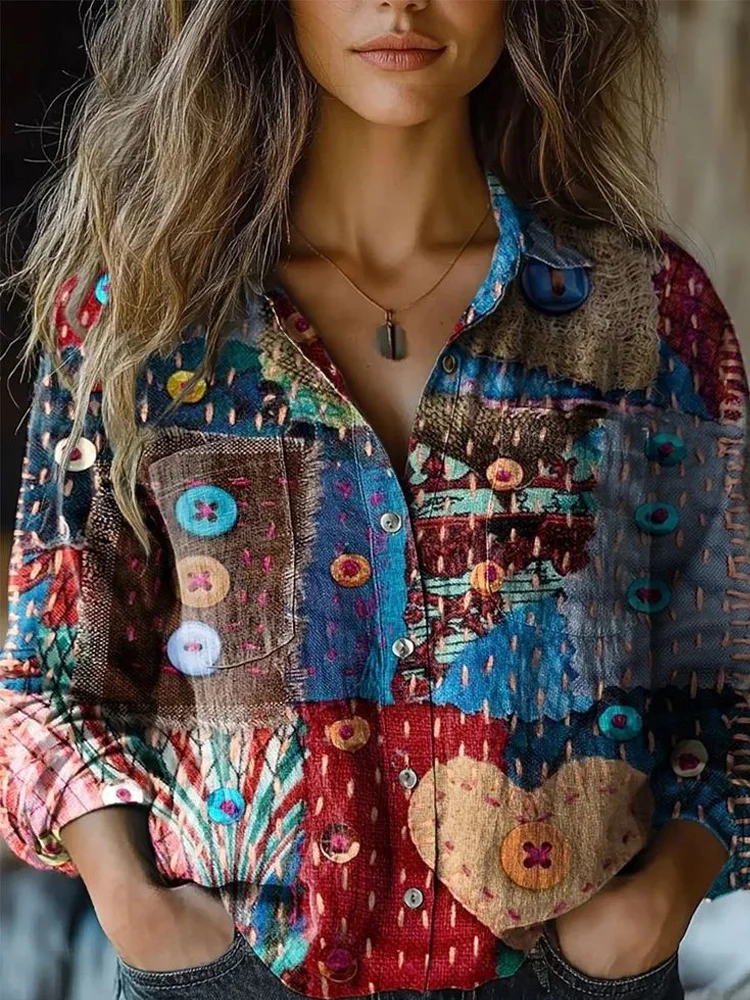 Stitch Geometric Pattern Women's Linen Long Sleeve Shirt