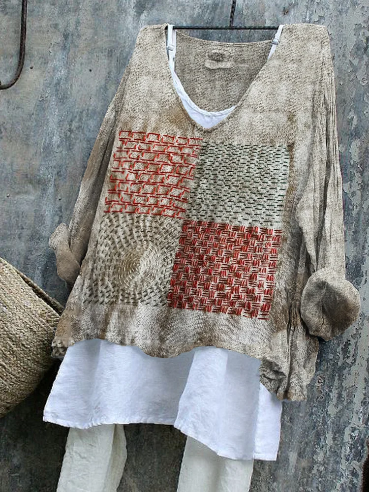 Geometric Japanese Sashiko Embroidered Art Linen Blend Tunic