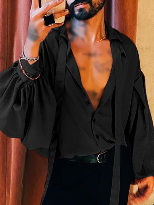 Mens Puff Sleeve Strap Collar Loose Shirts