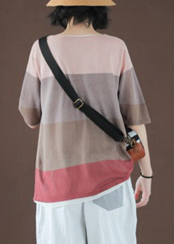 Casual O-Neck Striped Patchwork Ice Silk Top Short Sleeve - Ladylim