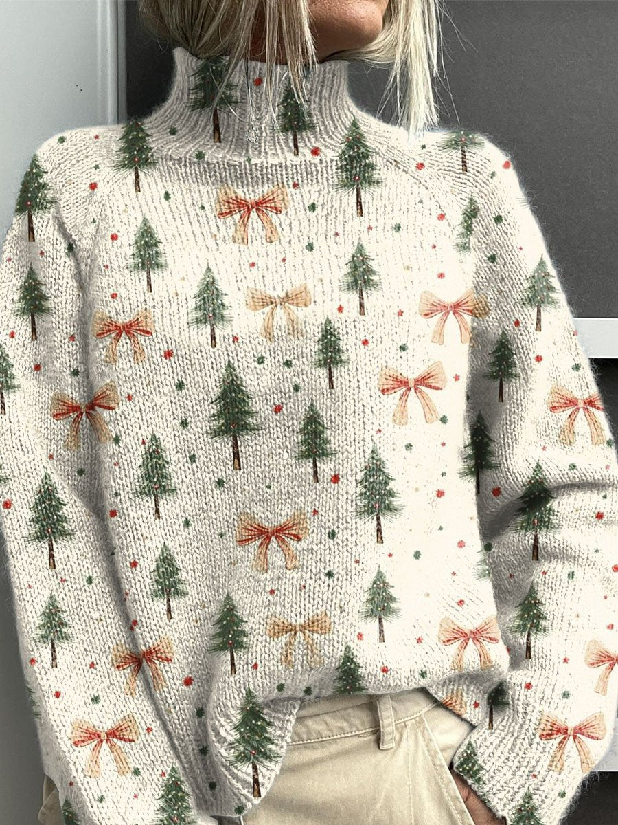 Women's Lovely Christmas Tree Art Print Knit Turtleneck Pullover Sweater