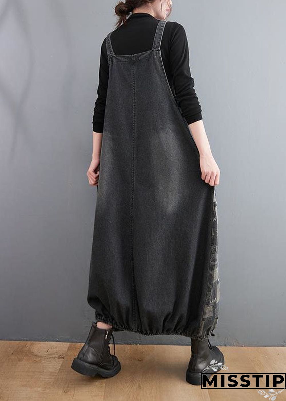 Black Print Patchwork Denim Spaghetti Strap Dress Spring - MissTip