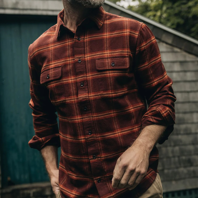 Men's 7 oz Wine Red Check Flannel Breast Pocket Shirt