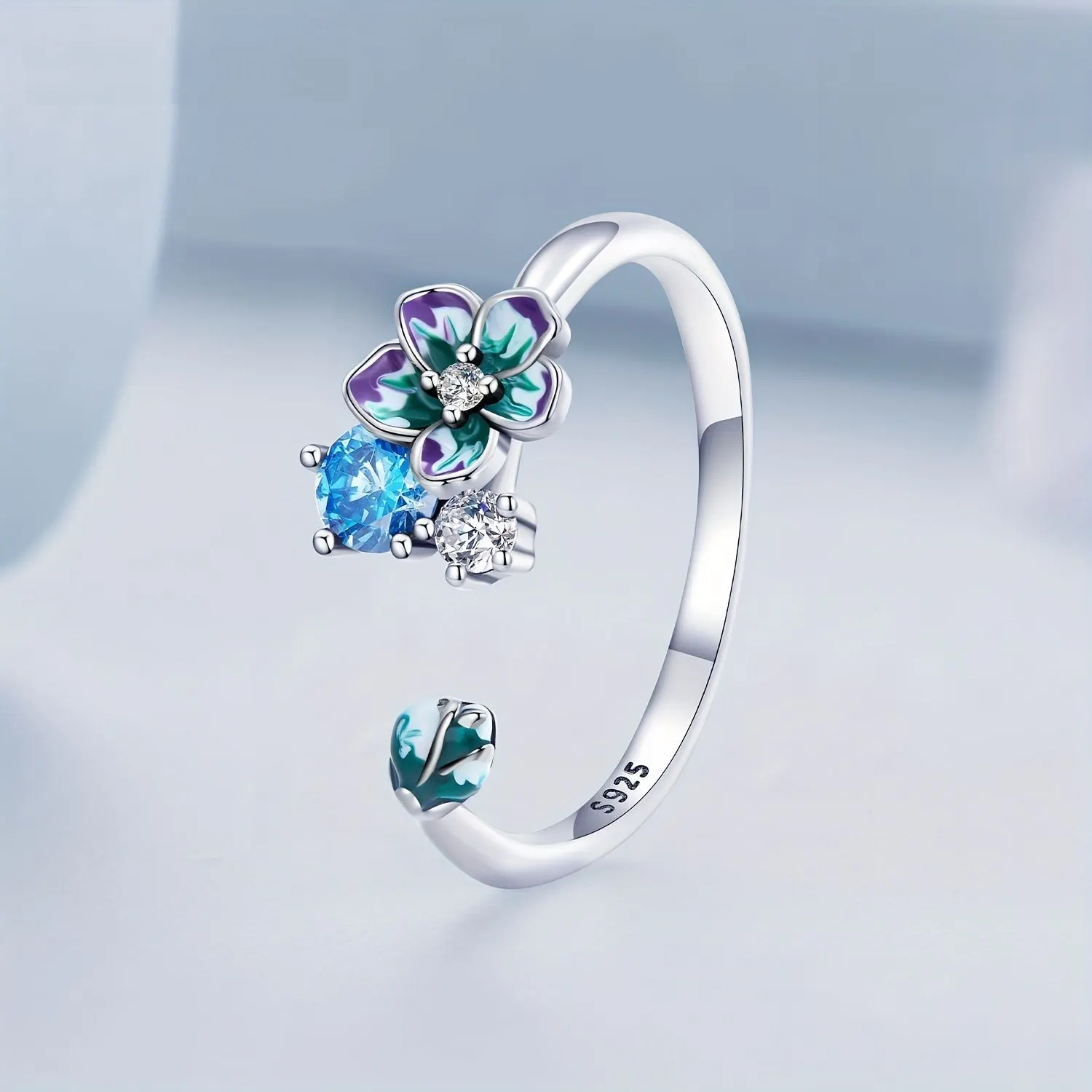 925 Sterling Silver Cuff Ring Trendy Flower Design
