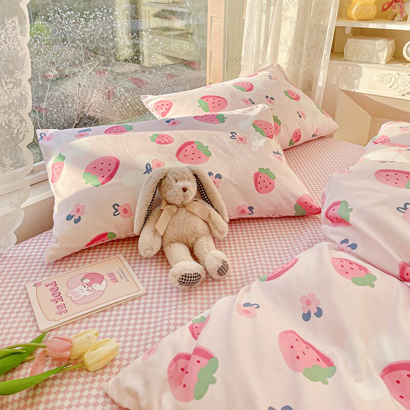 Cute Strawberry Bear Bedding Set For Kids Girl 100% Cotton Twin Full ...