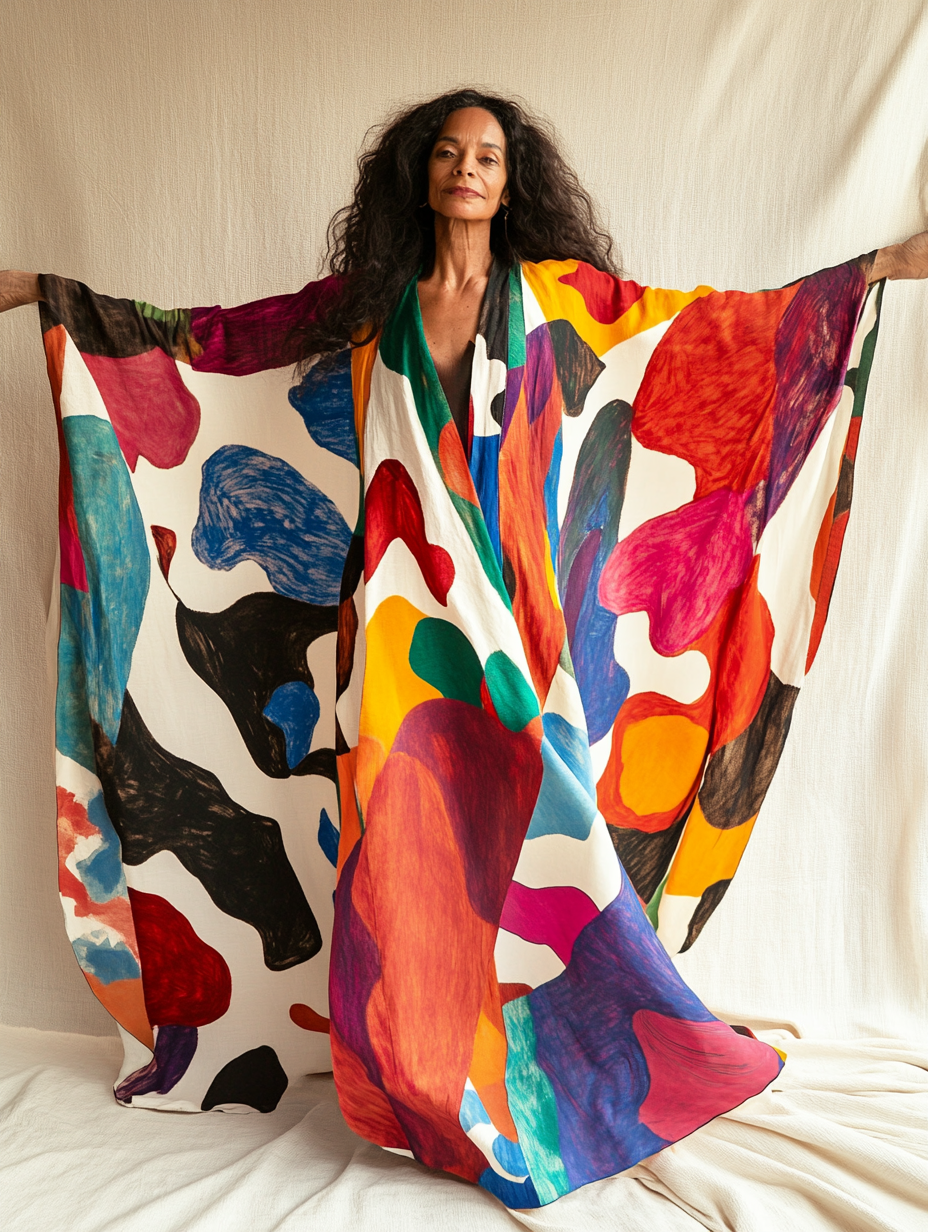 Women's Color Palette Print Linen V Neck Robe