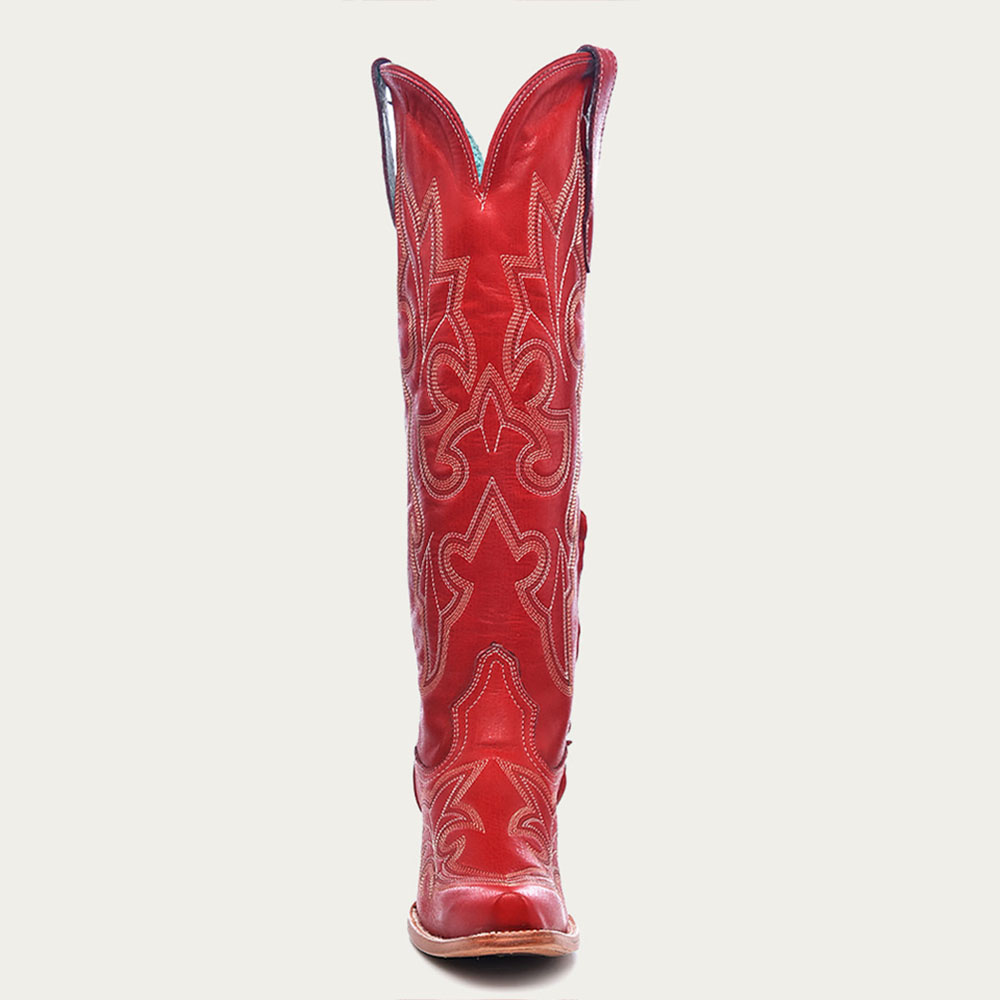 Red Snip Toe Chunky Heel Classic Embroidered Knee High Cowgirl Boots