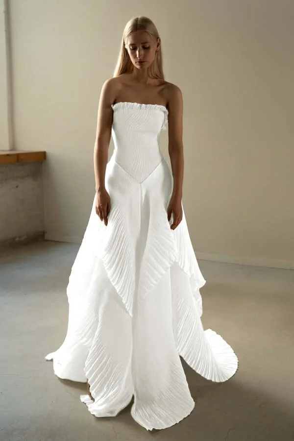 Chic Beige Pleated Strapless Contrast Color Stitching Prom Dress ZT0609