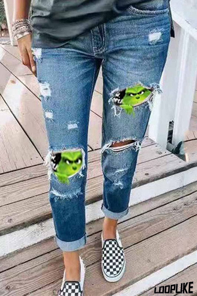 Denim Cartoon Patchwork Ripped Pants - LoopLike