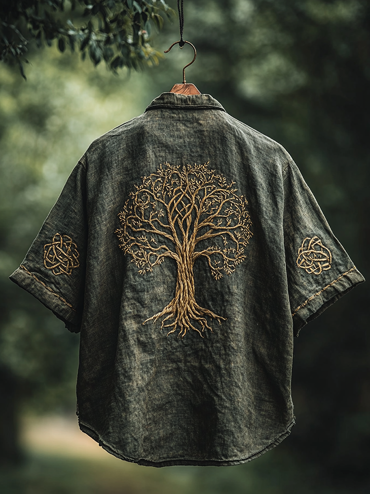 Men's Viking Tree Of Life Embroidery Pattern Linen Shirt