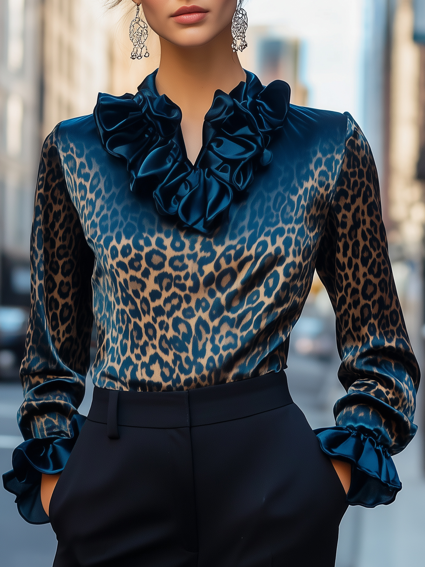 【24-HOUR SHIPPING】Blue Leopard-Print Satin Blouse With Ruffle Collar