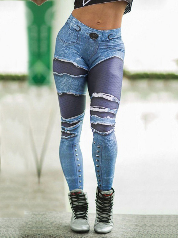 Hip Lift Printed Denim Patchwork Sport Legging