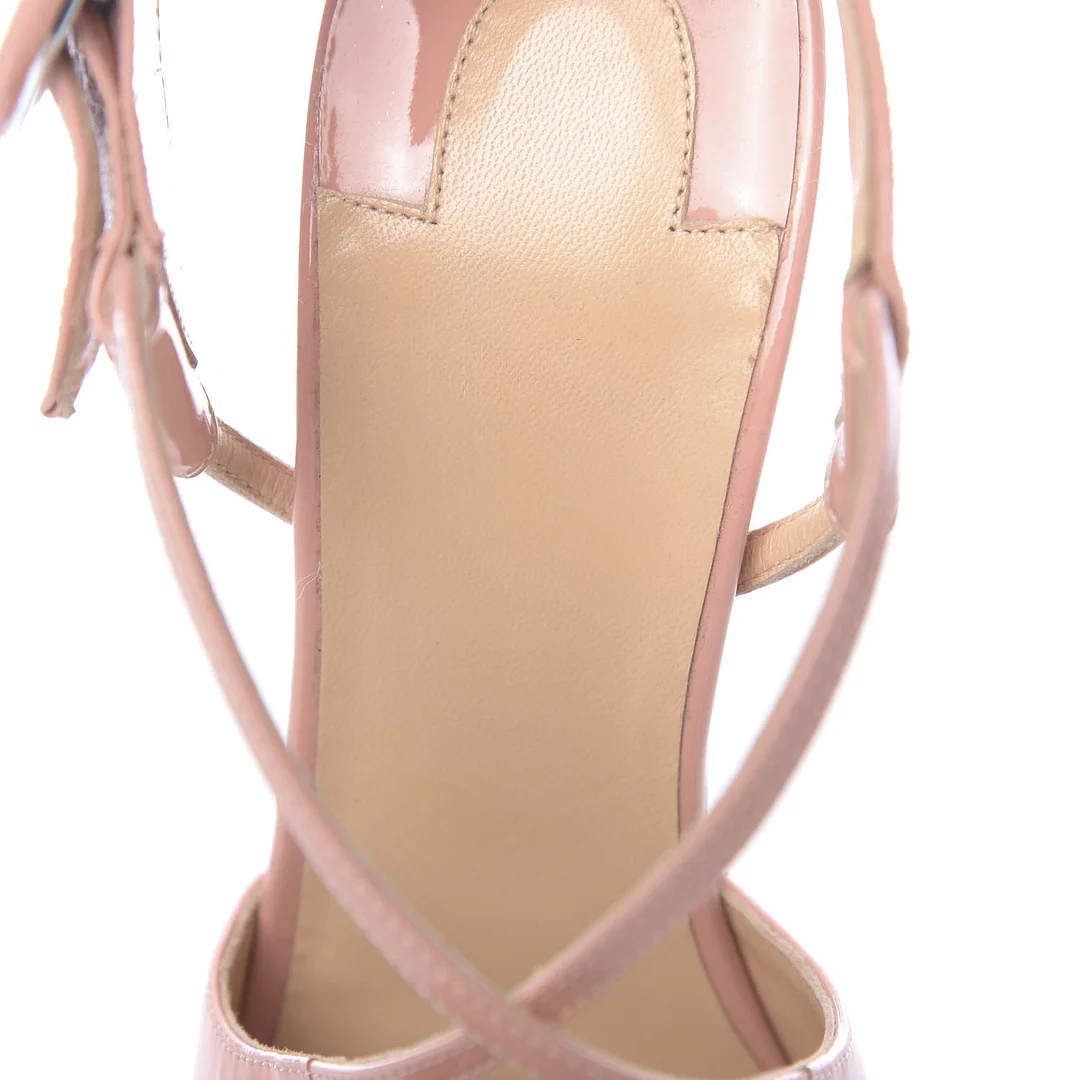Nude Patent Leather Pointed Toe Criss-Cross Strappy Heeled Pumps