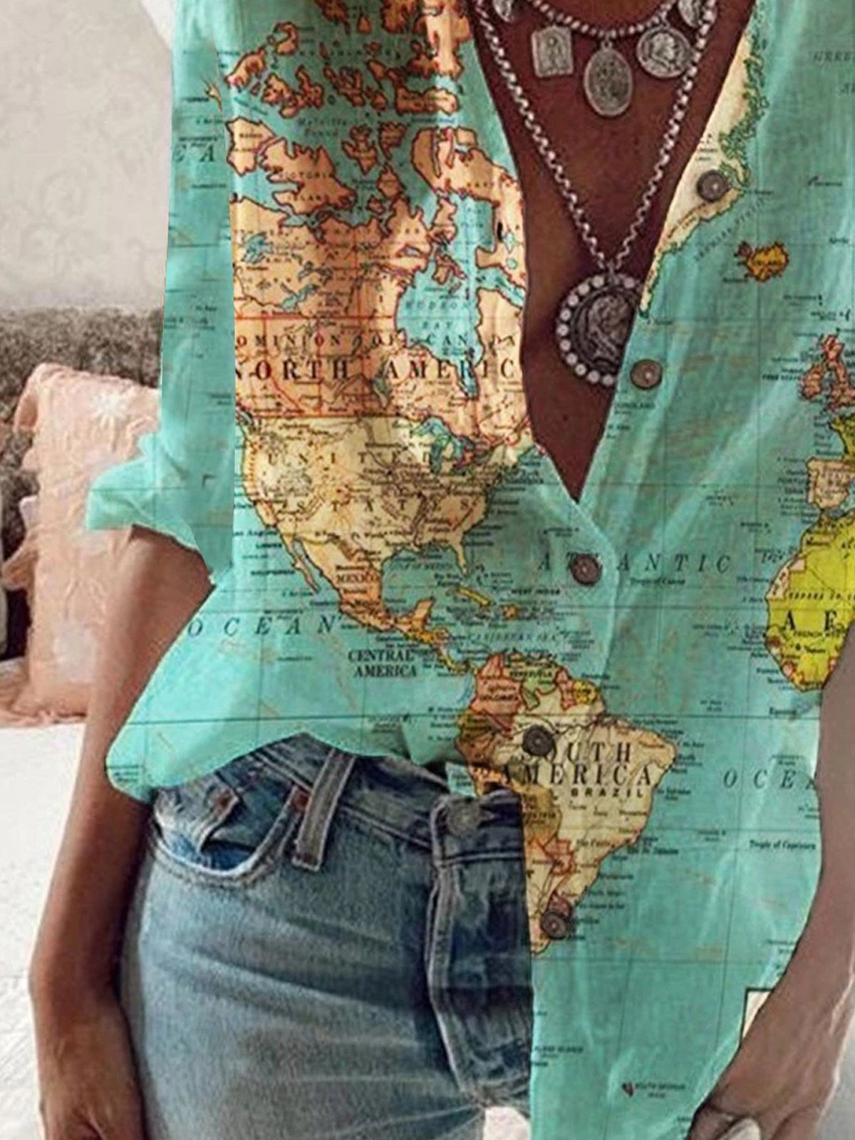 Casual Cotton-Blend Long Sleeve map shirt
