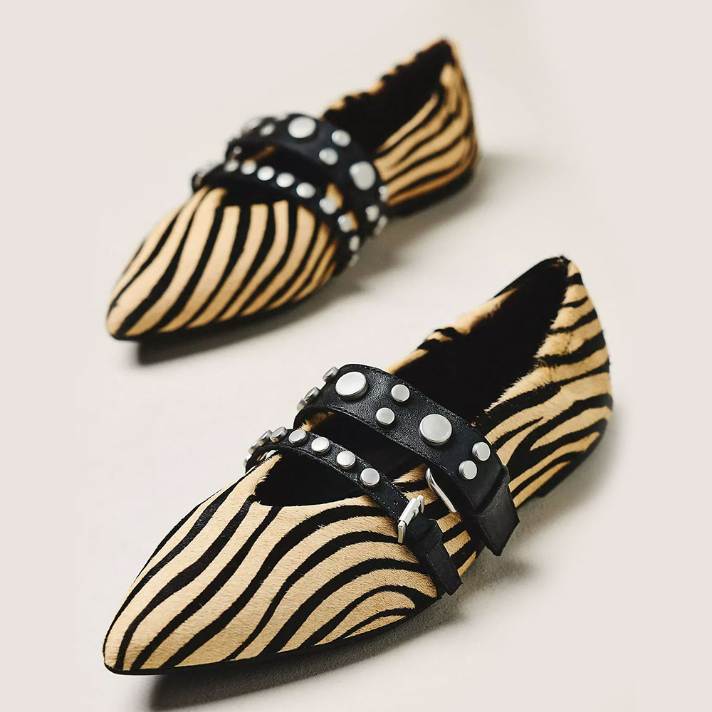 Brown & Black Pointed Toe Flat Zebra Print Studded Mary Jane Shoes