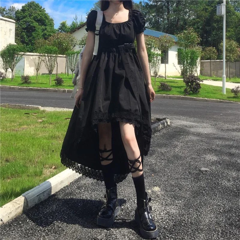 PUFF SLEEVE LACE IRREGULAR DRESS