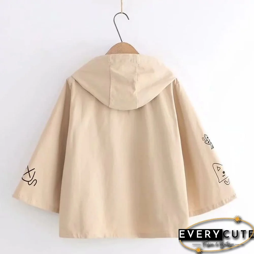 Japanese Kitty Print Cape Hooded Outerwear