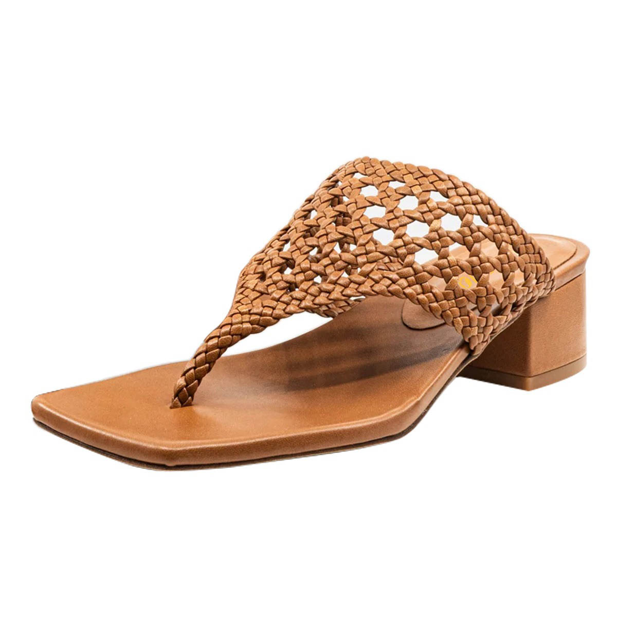 Brown Flip Flop Square Toe Block Heel Braided Mule Shoes for Women