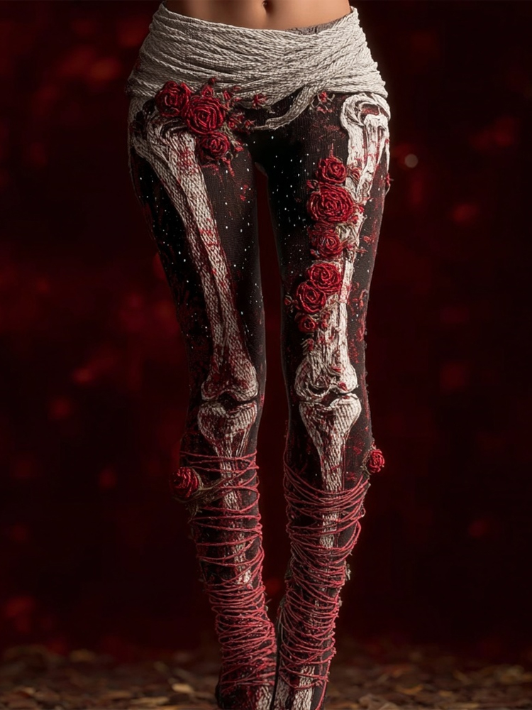 Retro Skeleton Anatomy Bloody Roses Bandages Knit Leggings