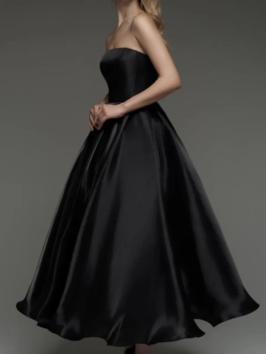 Striking Midnight Black Satin Gown with Strapless Silhouette