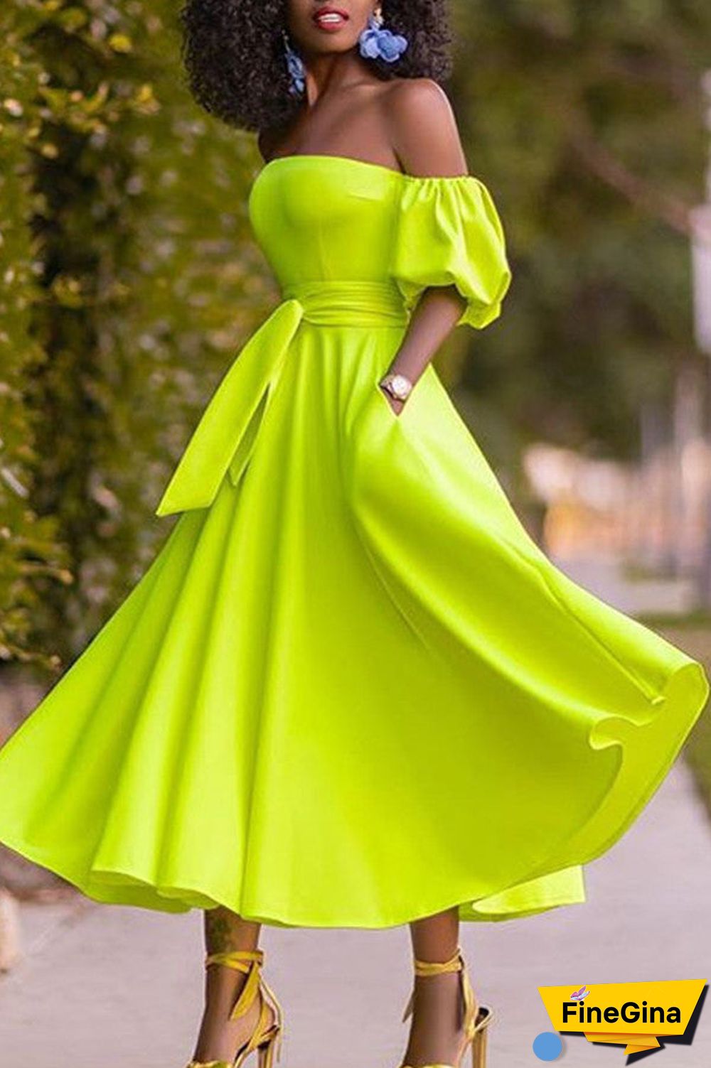 FineGina Fluorescent Green Lace-up Dress