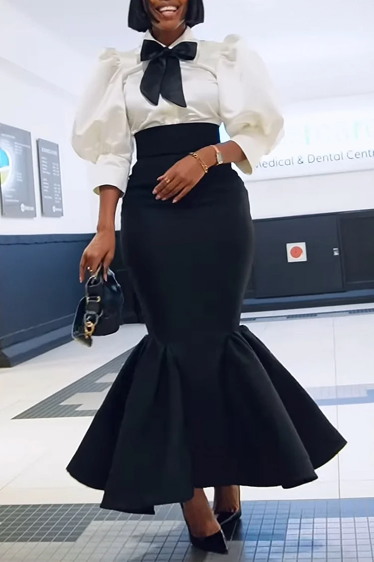 Plus Size Business Casual Black Elegant Shirt Collar Lantern Sleeve 3/4 ...