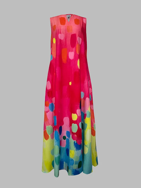 Elegantly Loose Sleeveless Maxi Dress with Vibrant Contrast Colors