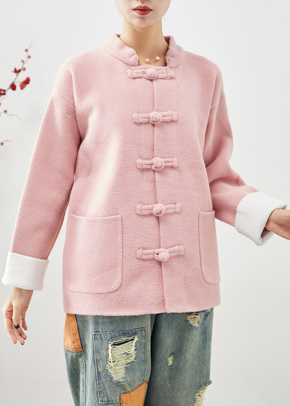 FineGina Women Pink Mandarin Collar Chinese Button Pockets Woolen Coats ...